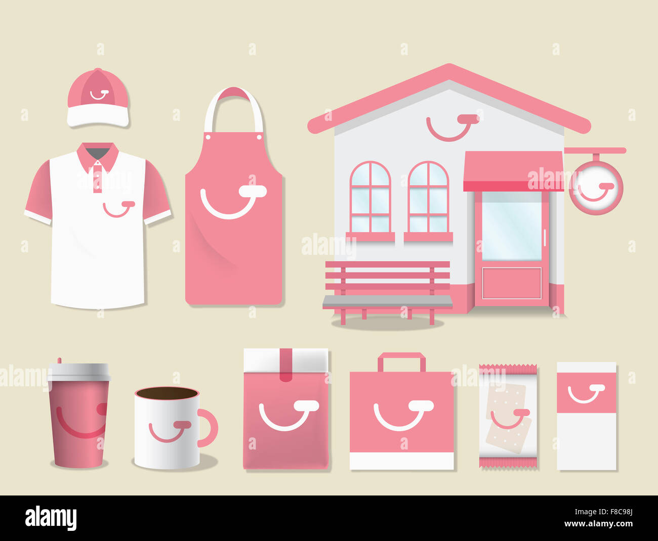 Set of various objects for takeout coffee shop including cap, shirt ...
