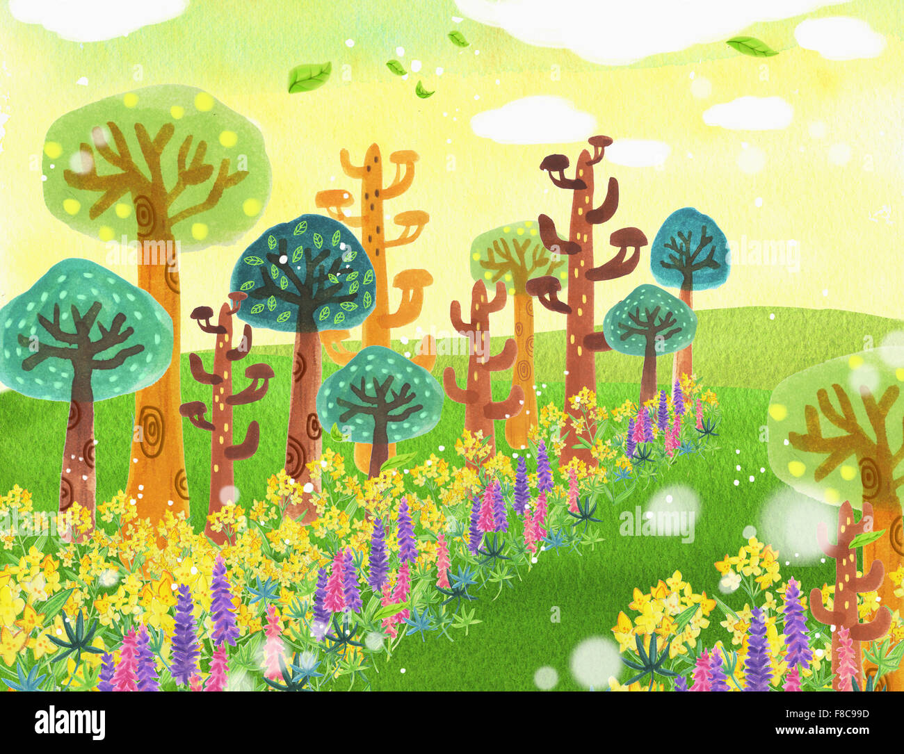 Scenery of nature with flowers and trees on meadow in spring Stock ...