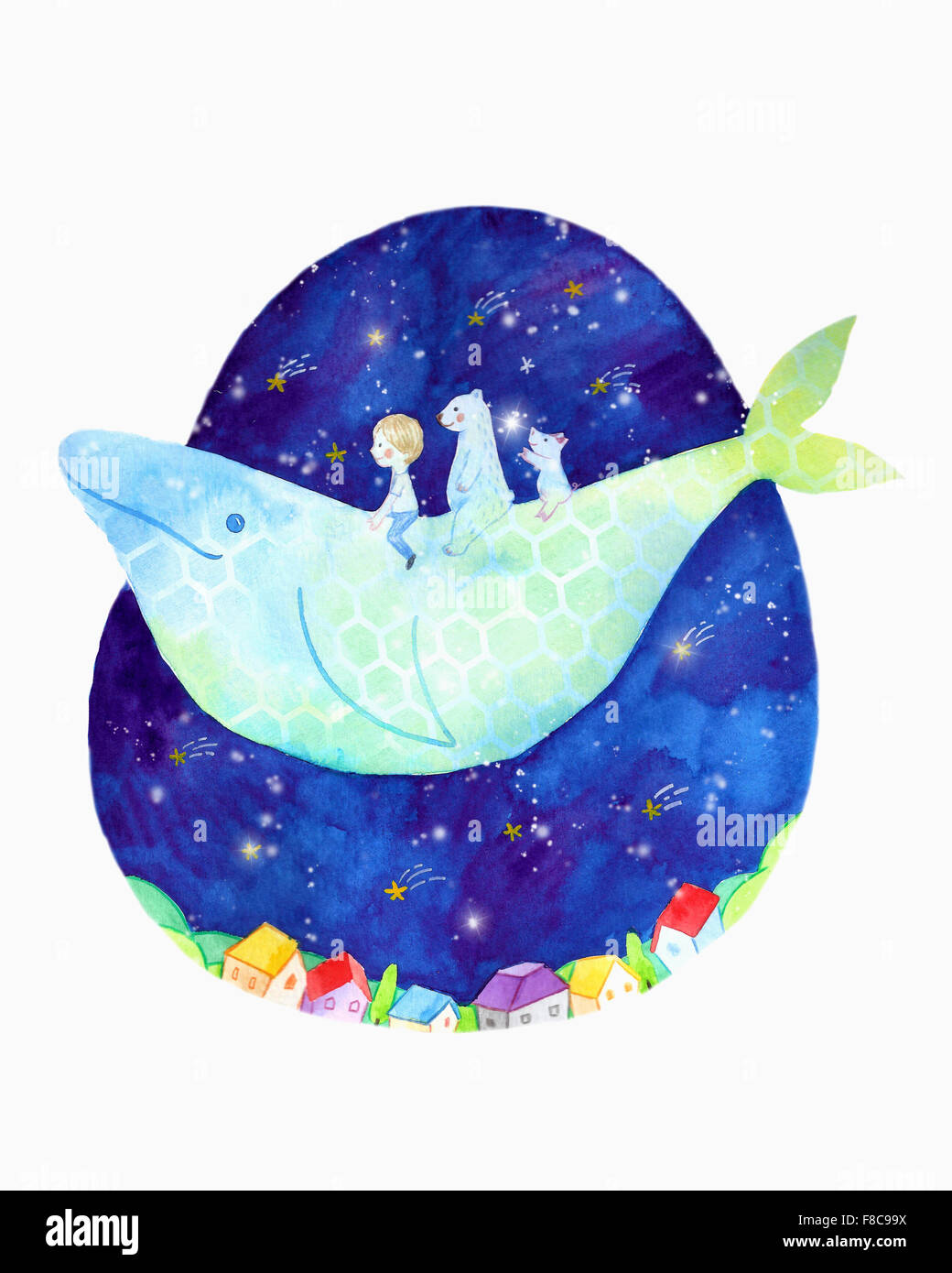 Fantasy with a boy, bear and pig riding a dolphin in night sky ...