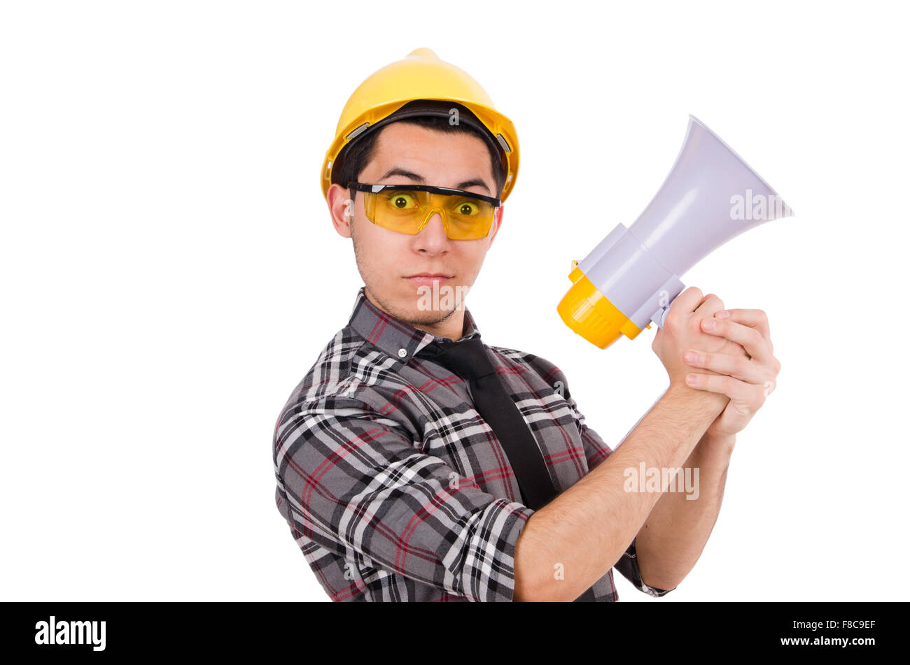 Construction supervisor shouting at megaphone Stock Photo - Alamy