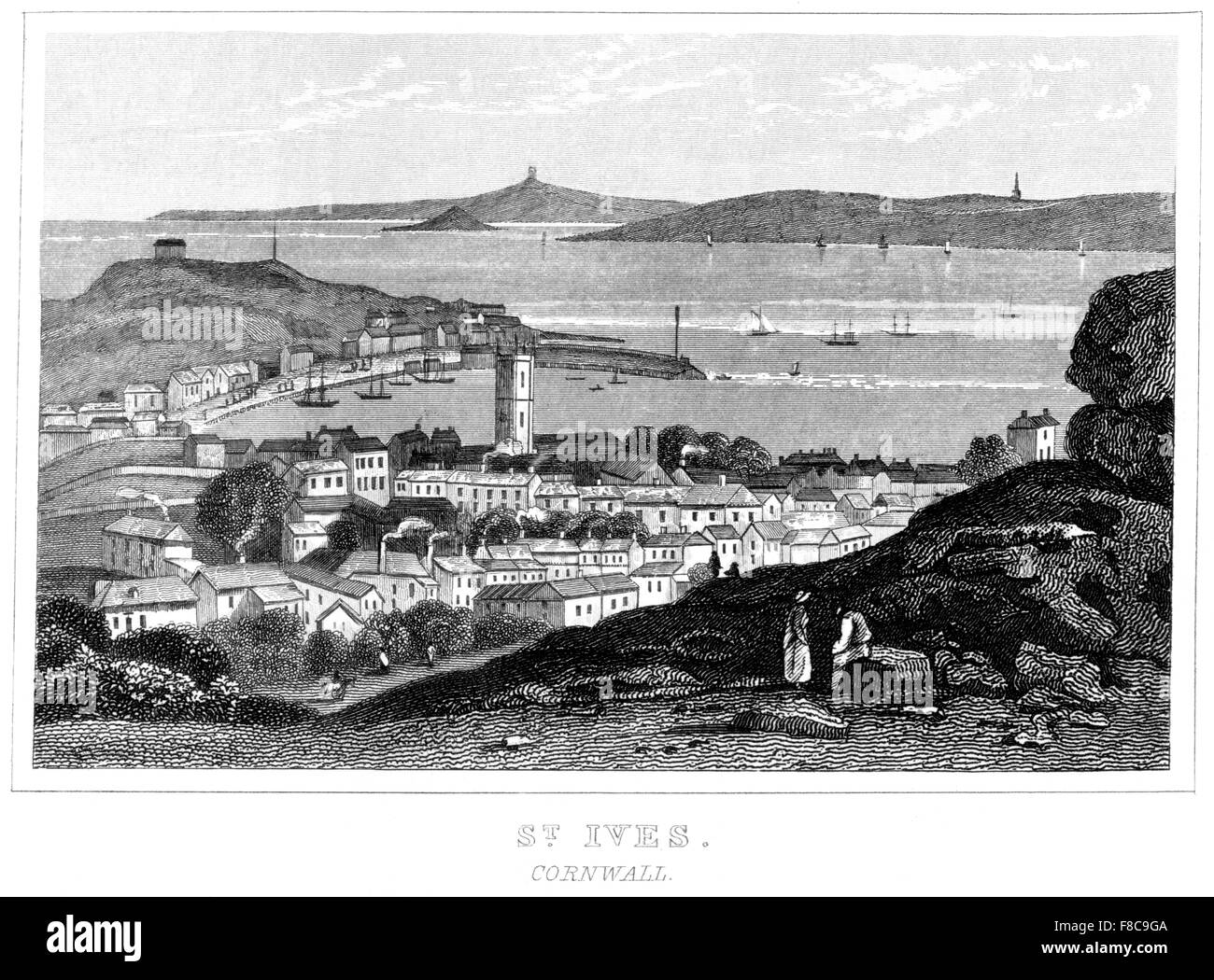 An engraving of St Ives, Cornwall scanned at high resolution from a ...