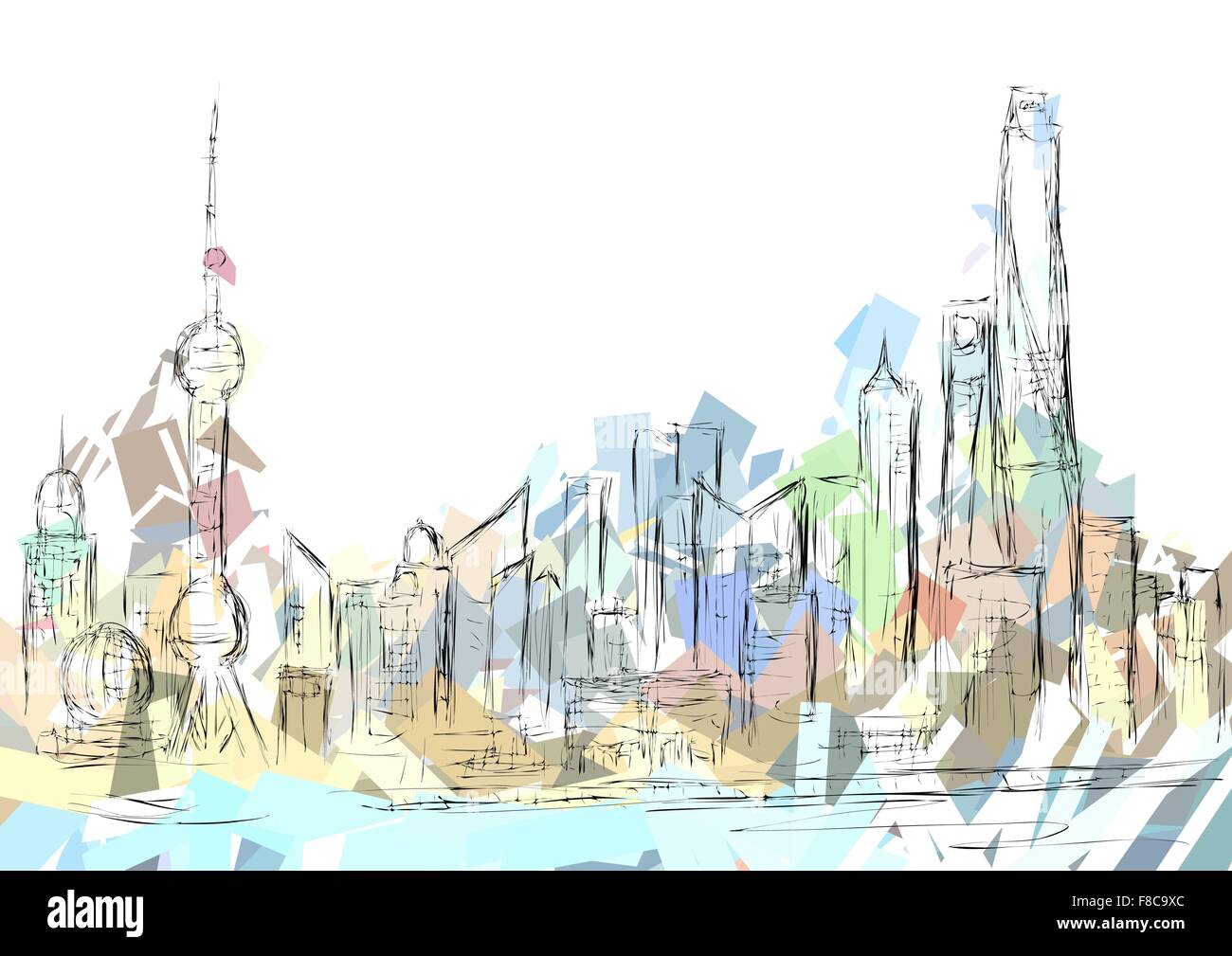 shanghai. abstract silhouette of city on mulicolor background Stock ...