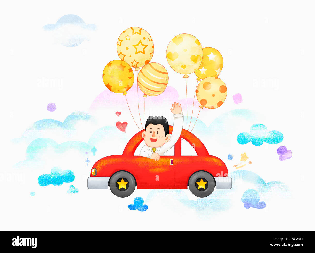 Man waving in a car with balloons in sky Stock Photo - Alamy