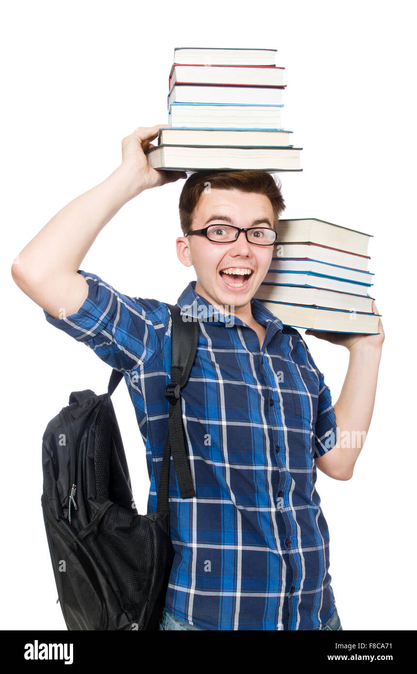 Funny student with stack of books Stock Photo - Alamy