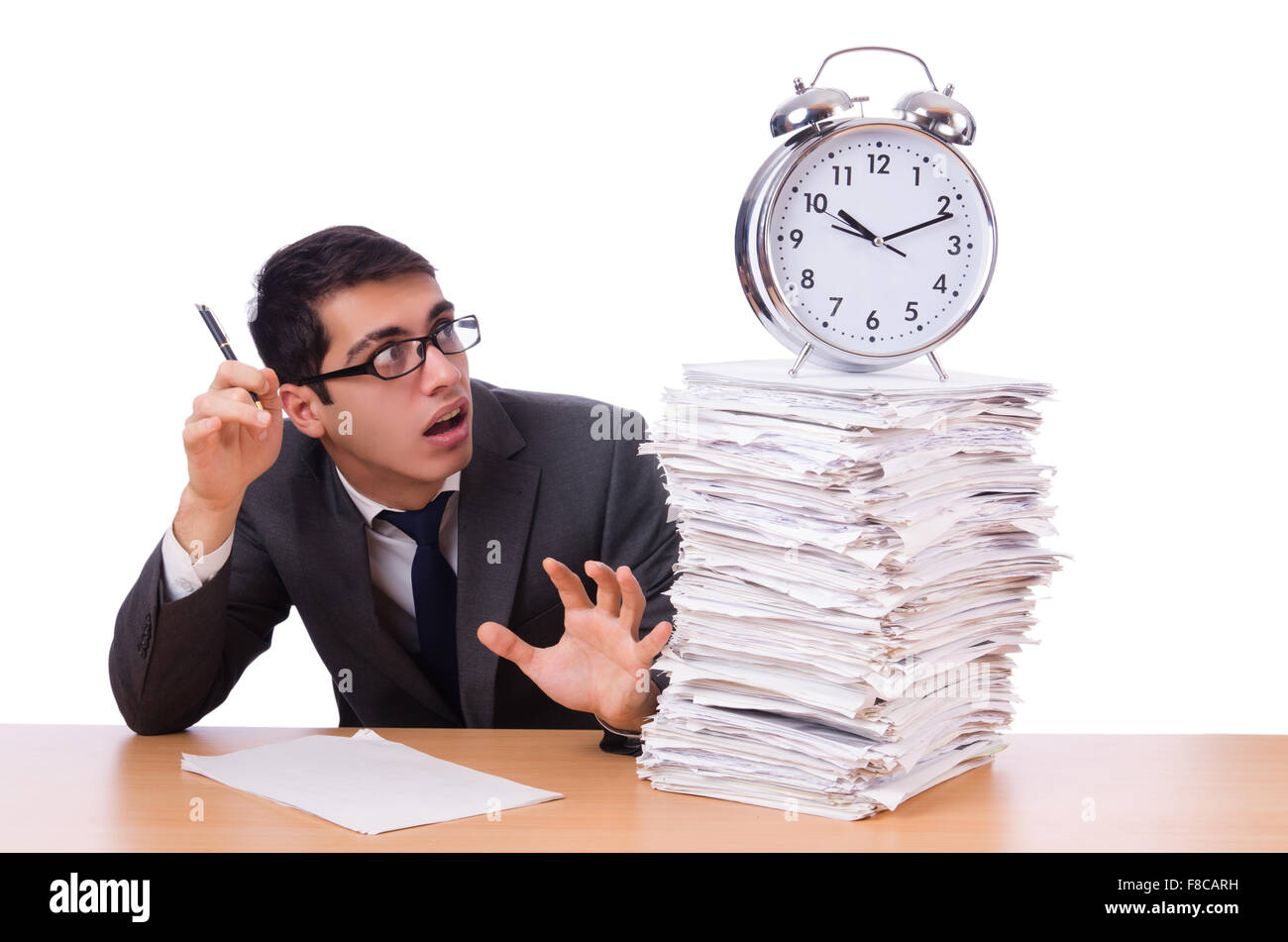 Busy man with stack of papers isolated on white Stock Photo - Alamy