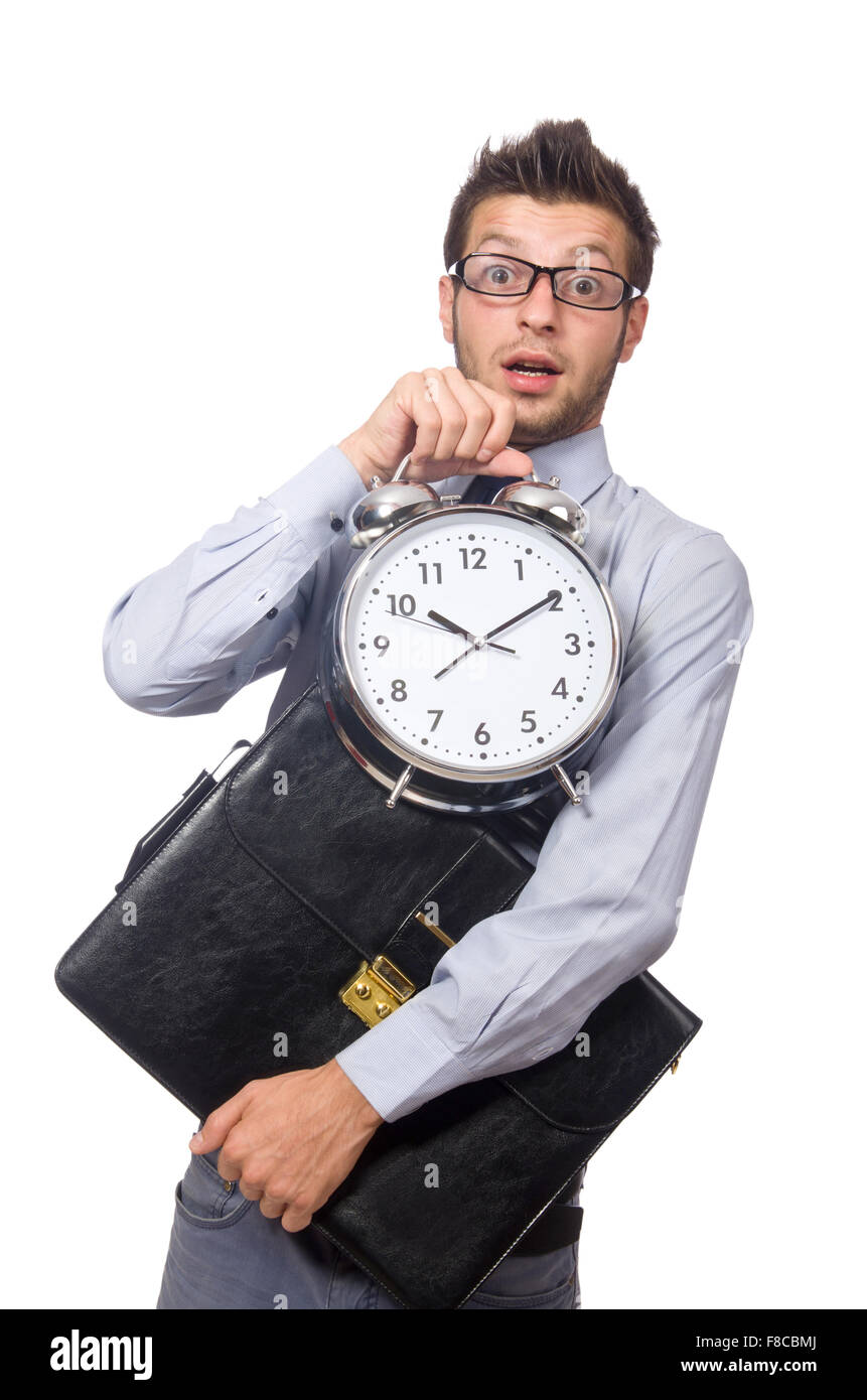 Man with clock trying to meet the deadline isolated on white Stock ...