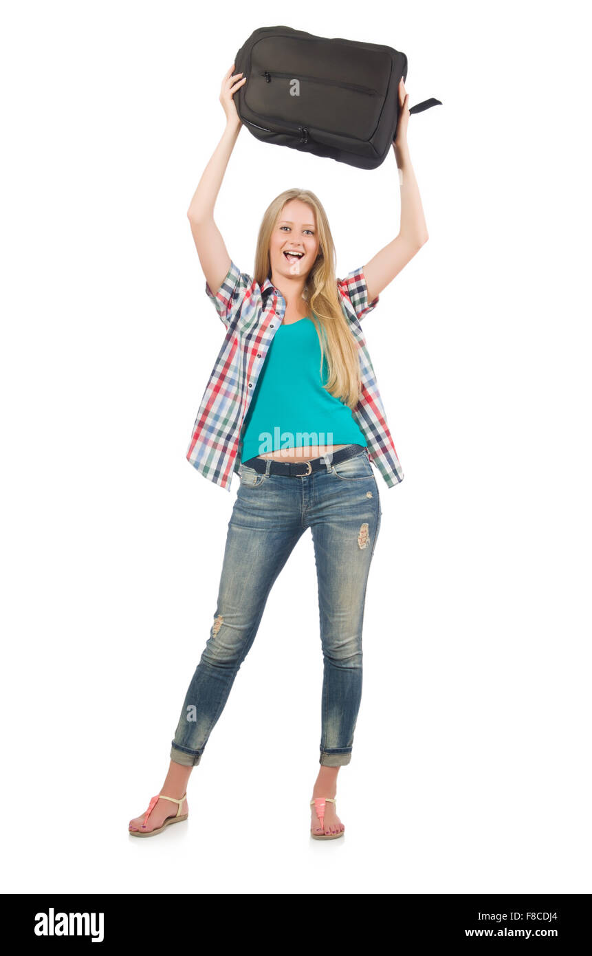 Woman with backpack isolated on white Stock Photo - Alamy