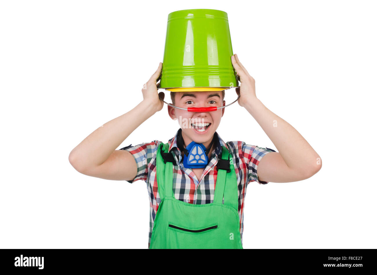 Funny painter with bucket isolated on white Stock Photo - Alamy