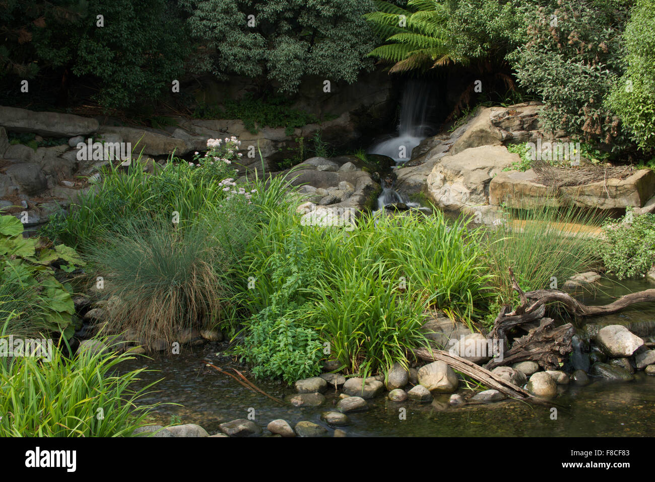 Blurred waterfall and rocky riverbed in sunshine Stock Photo - Alamy