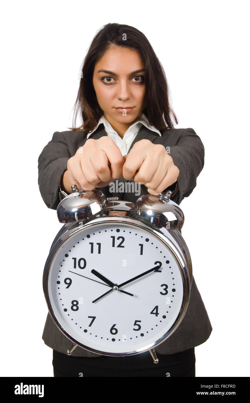Businesswoman with clock missing her deadlines Stock Photo - Alamy