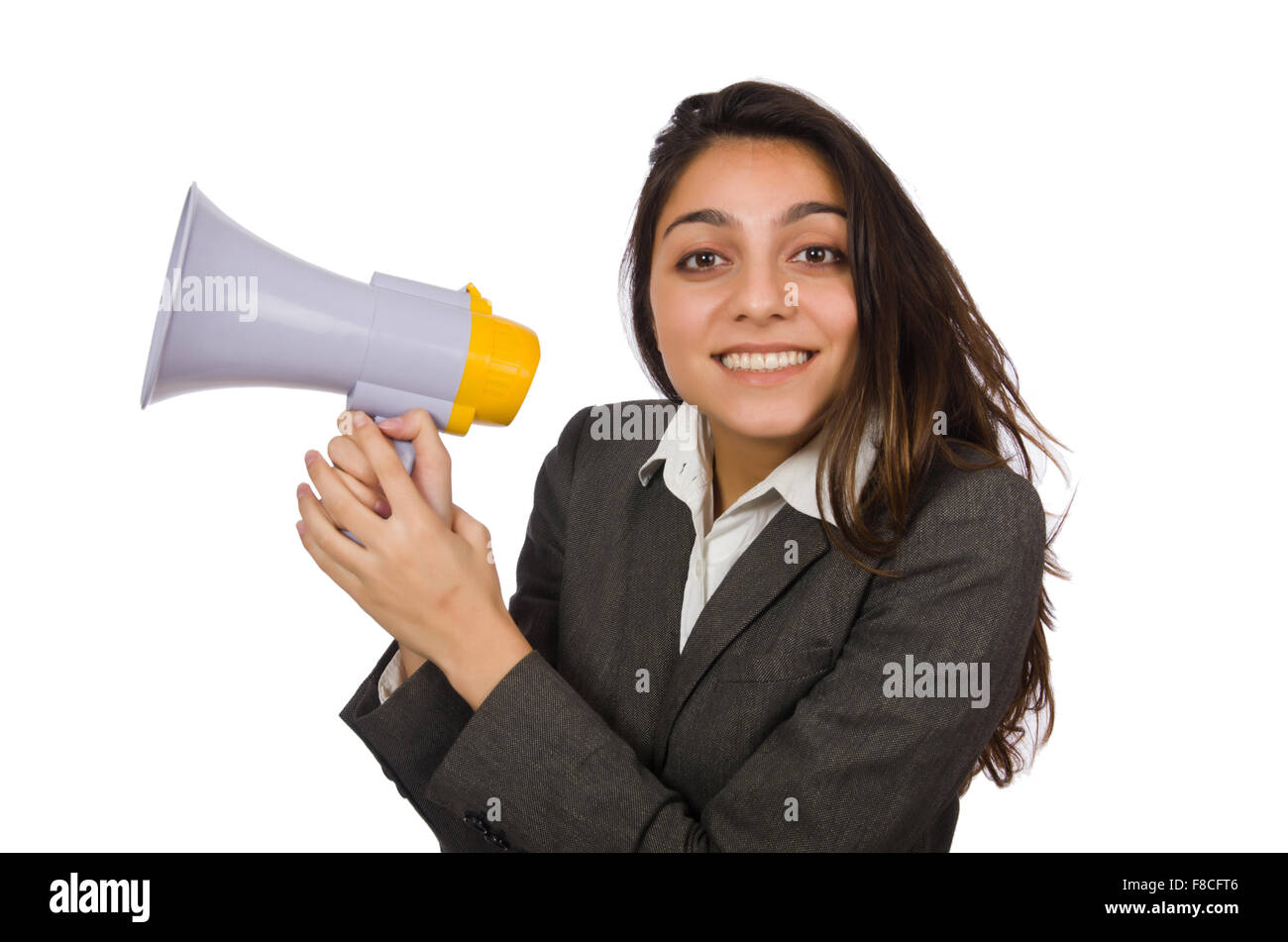 Woman with loudspeaker on white Stock Photo - Alamy