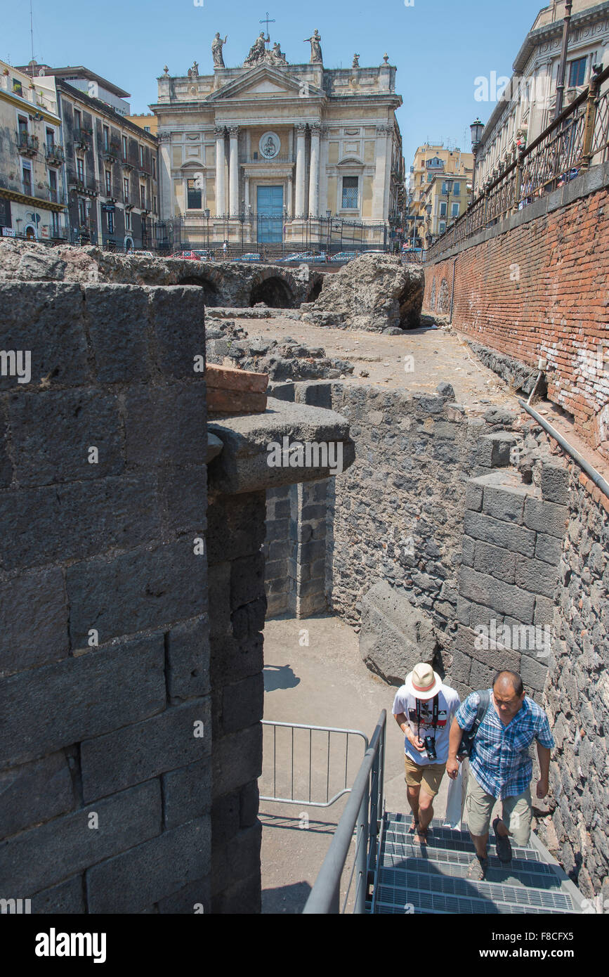 Catania Roman amphitheatre, view in summer of tourists leaving the ...