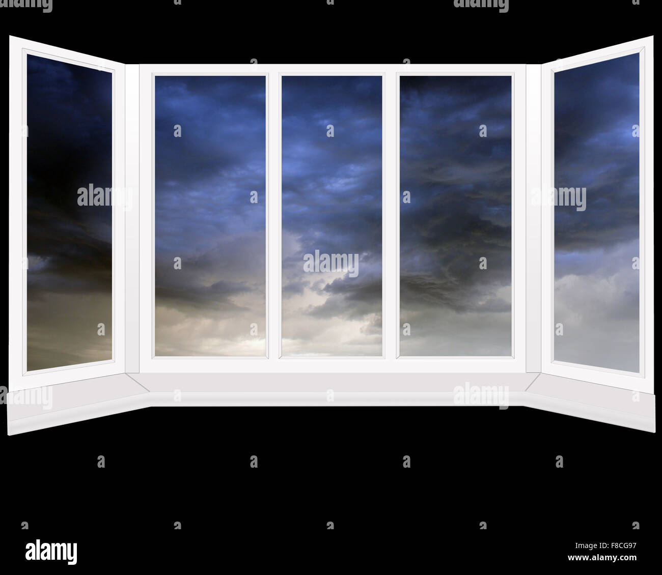 windows with dark thunder clouds beyond it. Modern window isolated on ...