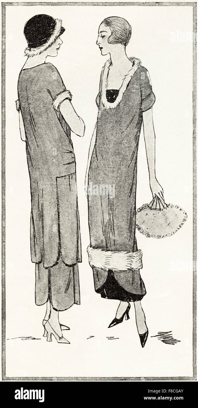 Paris fashion of 1923. Flapper fashion of the 1920s. Two gowns (left ...