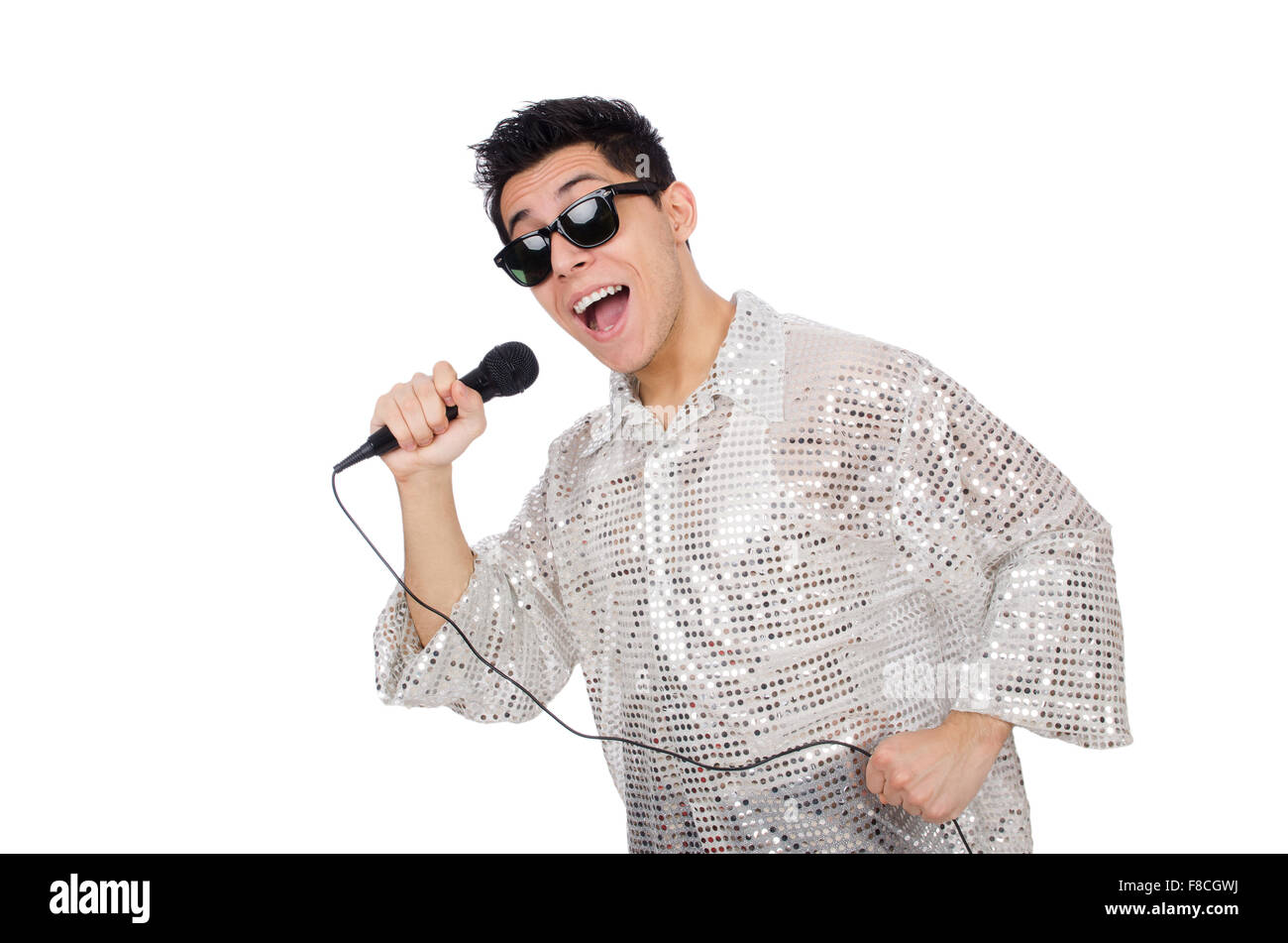 Man with mic isolated on white Stock Photo - Alamy