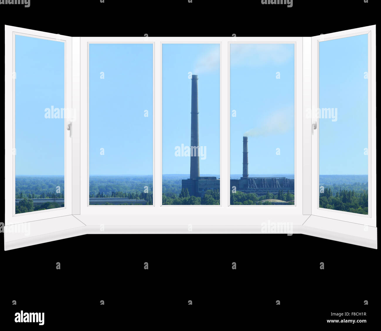 plastic windows overlooking the landscape with nature and pollution of ...