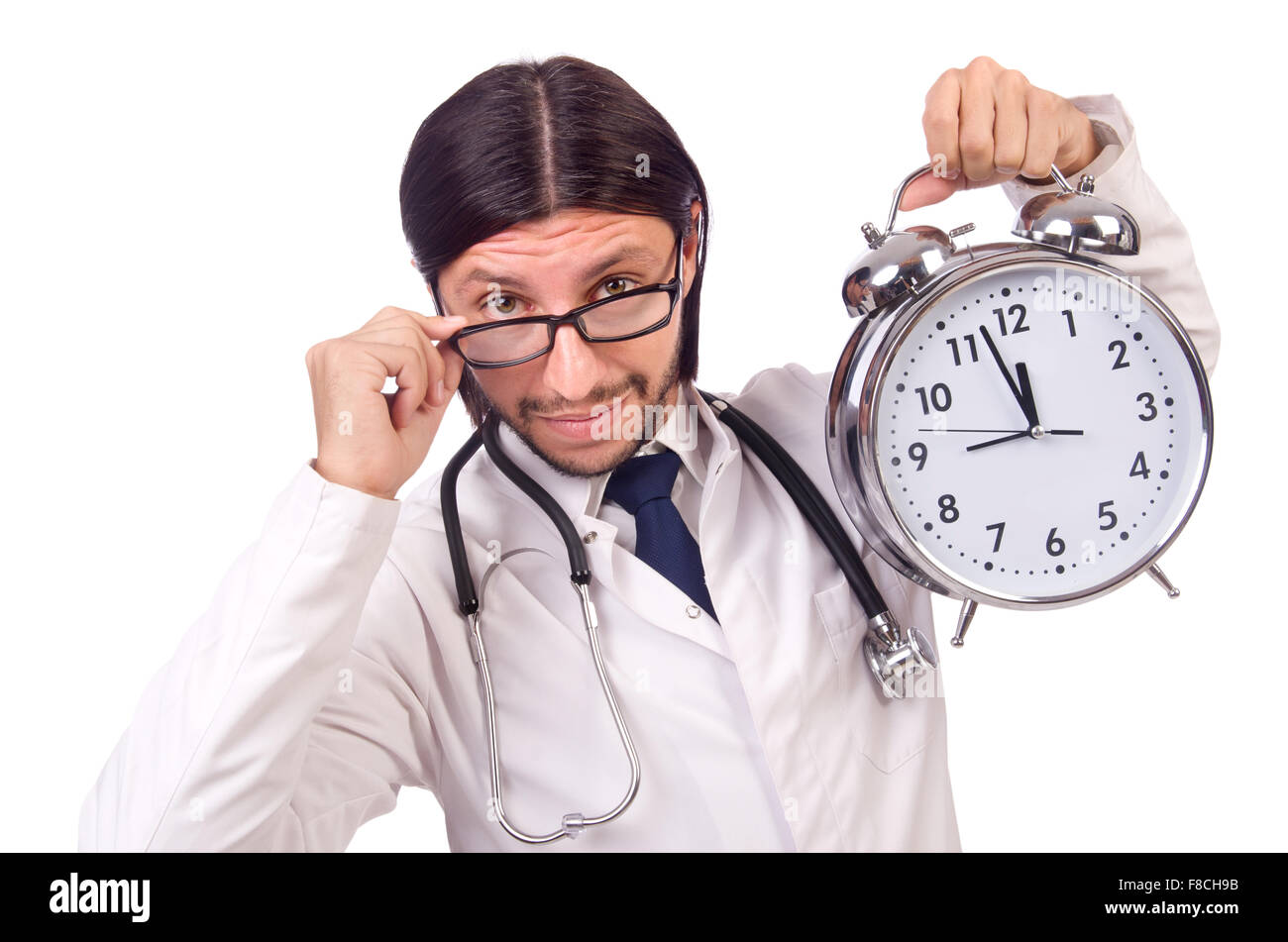 Man doctor with clock isolated on white Stock Photo - Alamy