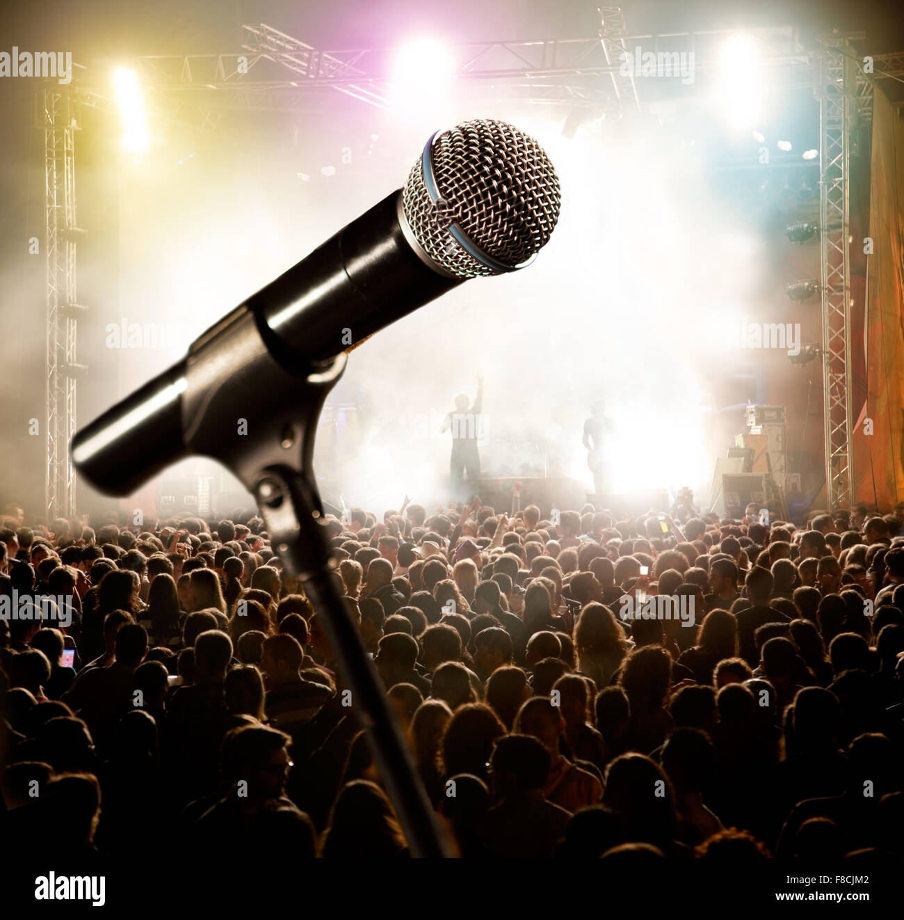 Music background with microphone and Concert lights Stock Photo - Alamy