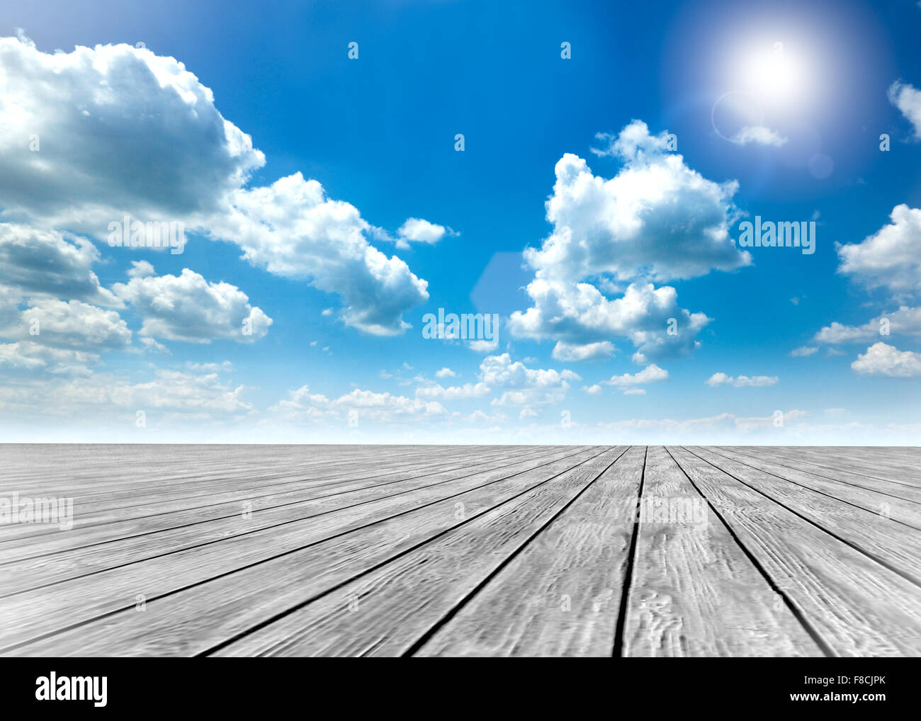 Wood floor and blue sky background Stock Photo - Alamy