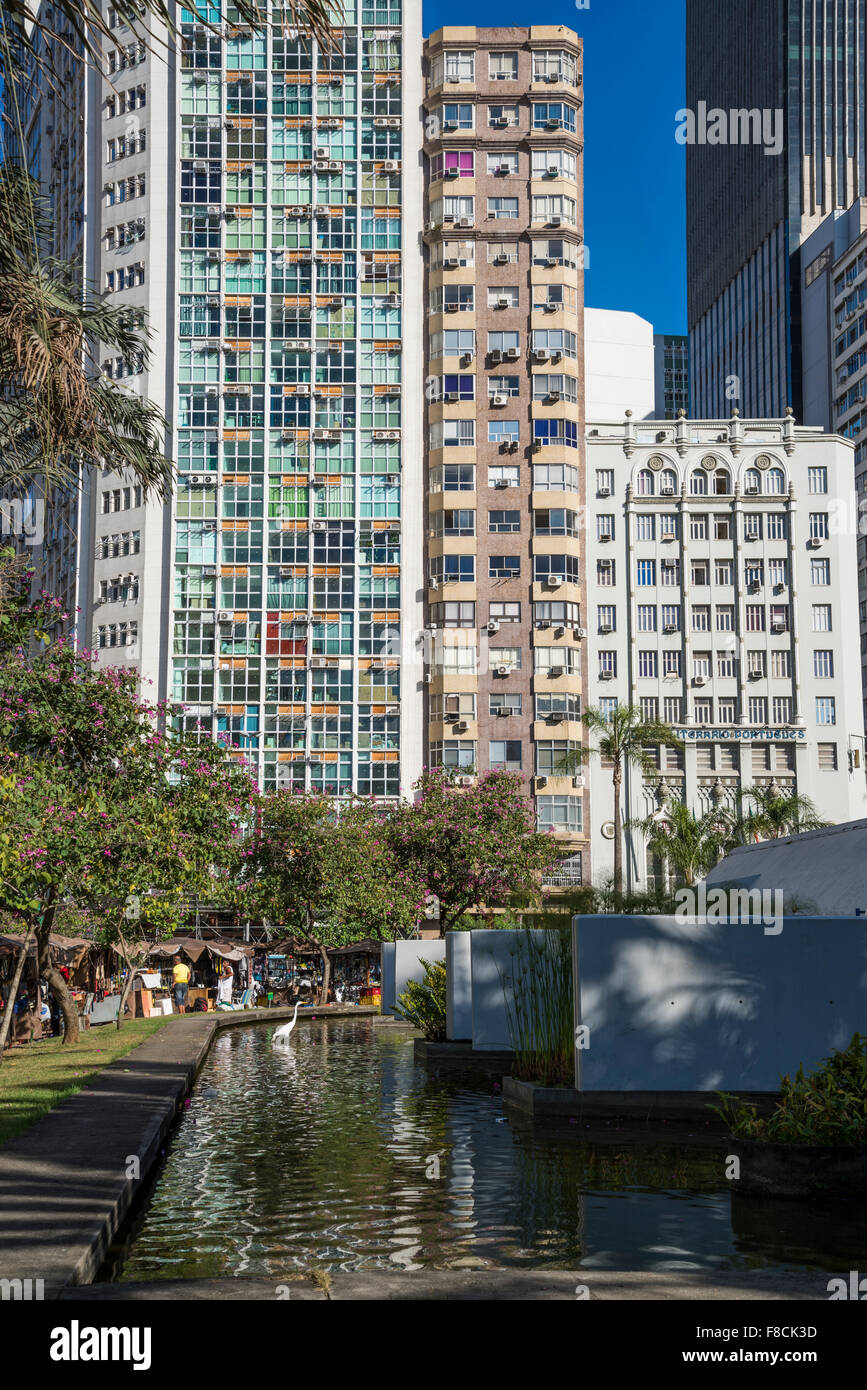 Largo da Carioca, Park with white heron and High-rise buildings, Rio de ...