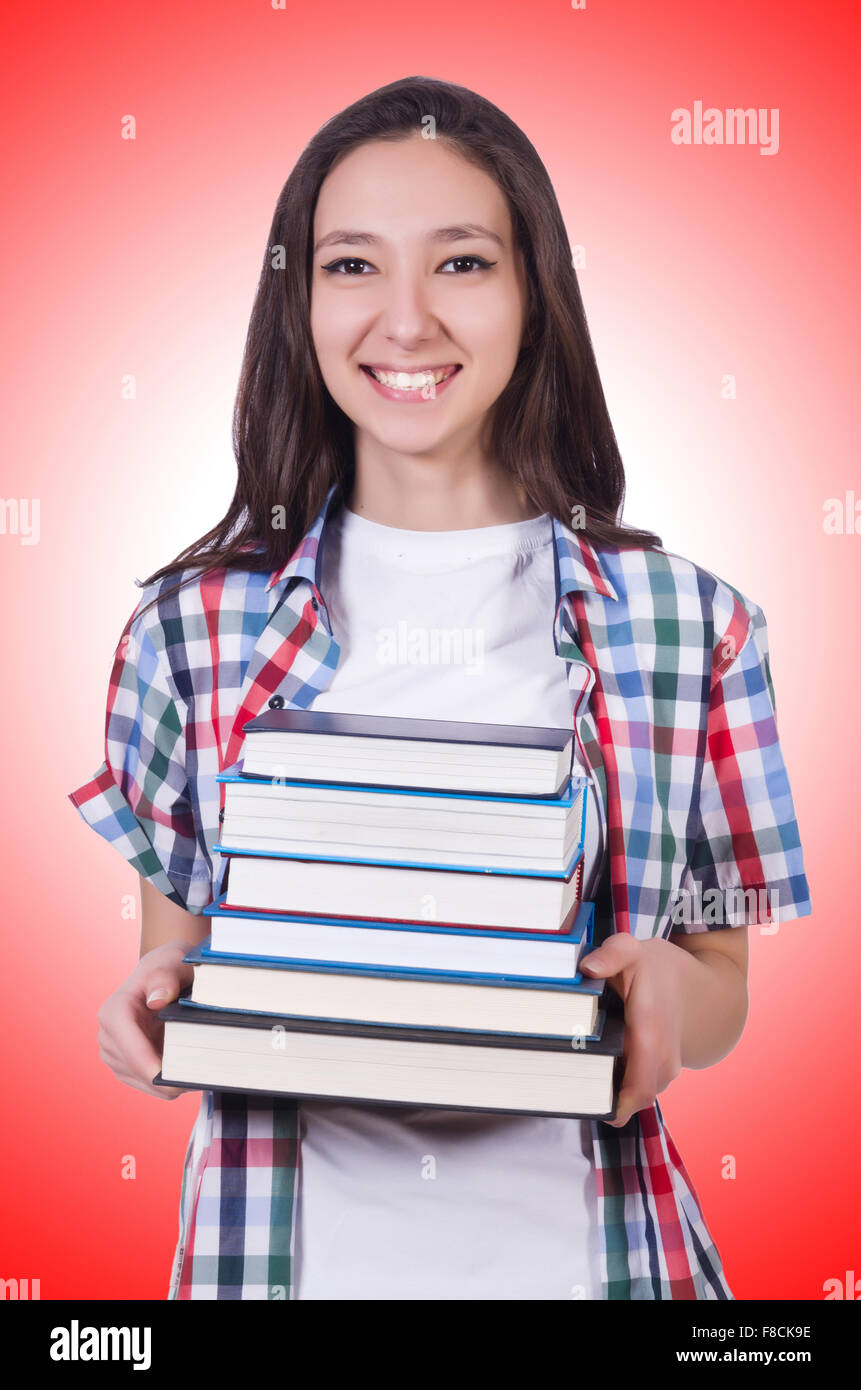 Student girl with many books on white Stock Photo - Alamy