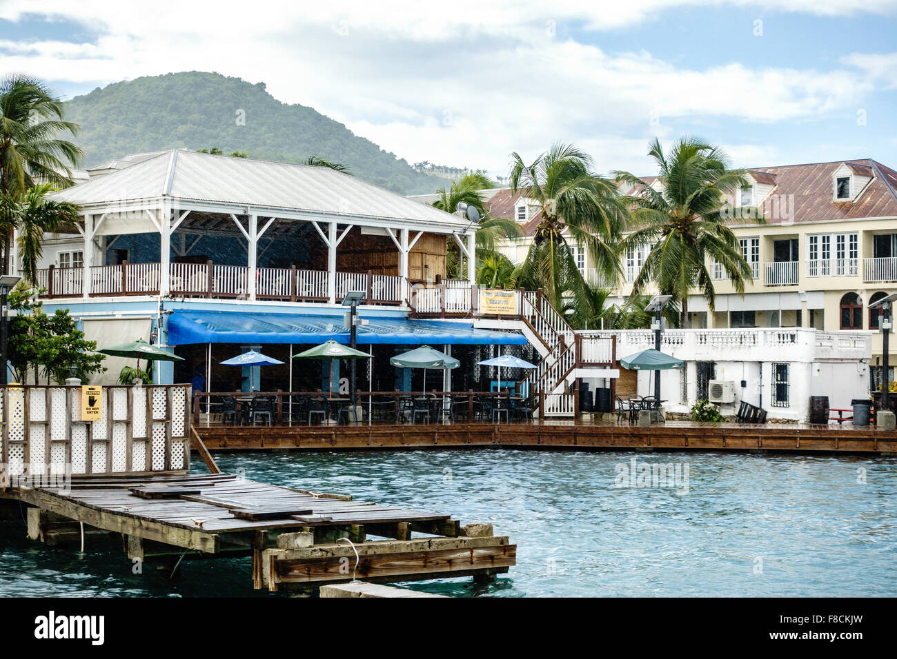 Buildings of Christiansted, as seen looking toward docks from a boat ...