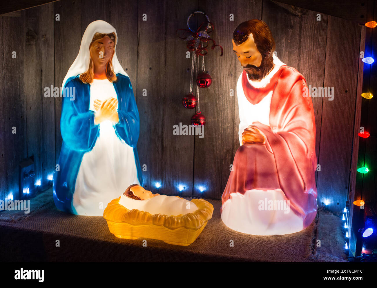 A neon nativity scene representing the scene of the birth of Jesus ...