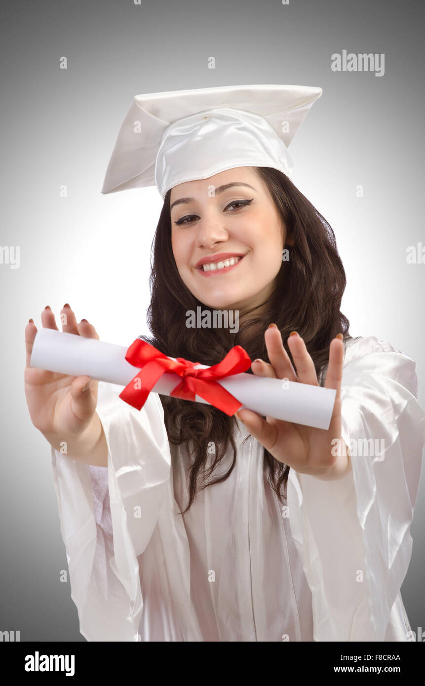 Happy graduate on white background Stock Photo - Alamy