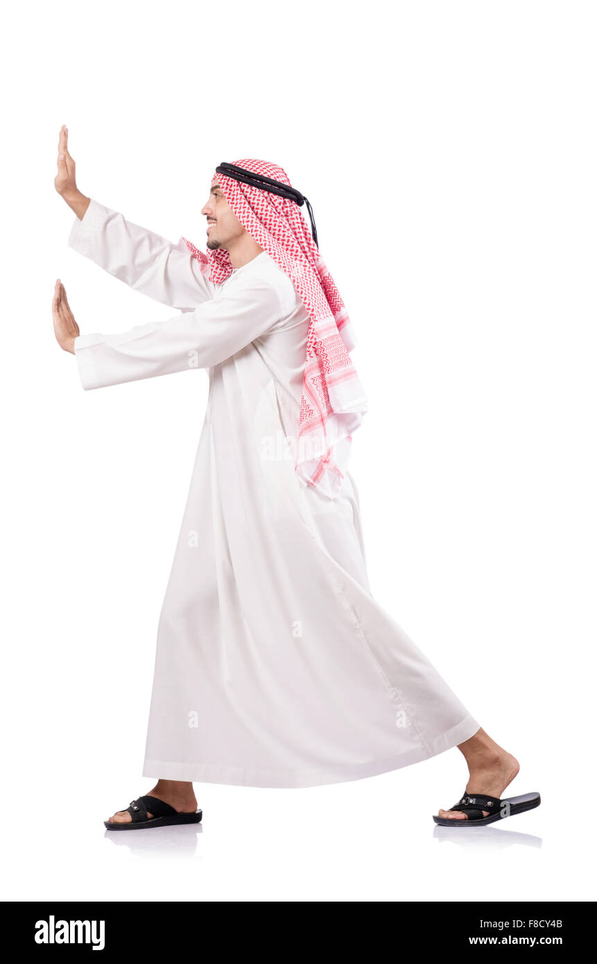 Arab businessman pushing isolated on the white Stock Photo - Alamy