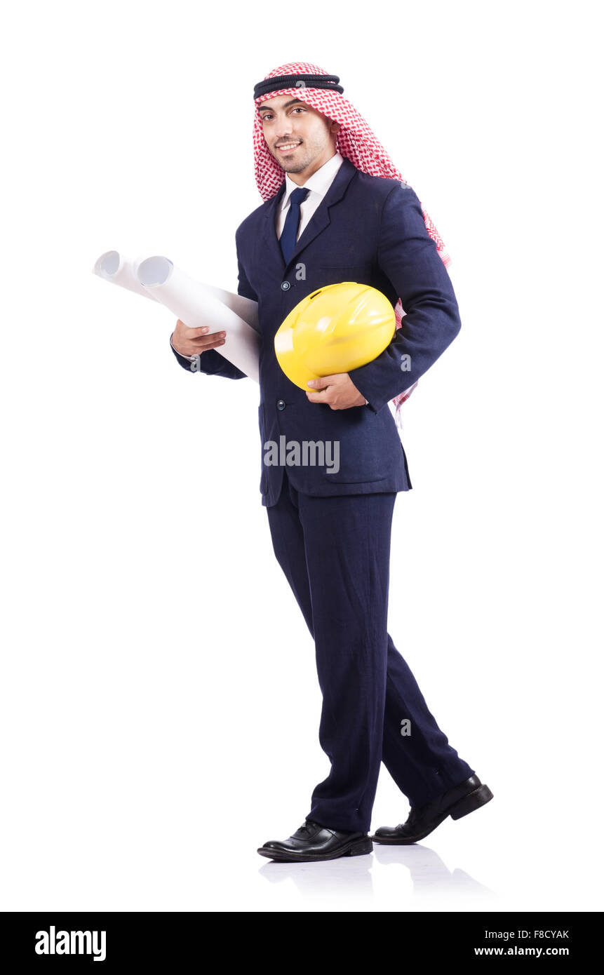 Arab engineer with drawings on white Stock Photo - Alamy