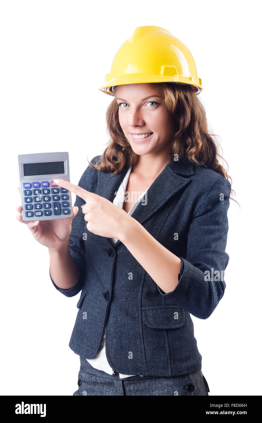Female builder with calculator on white Stock Photo - Alamy