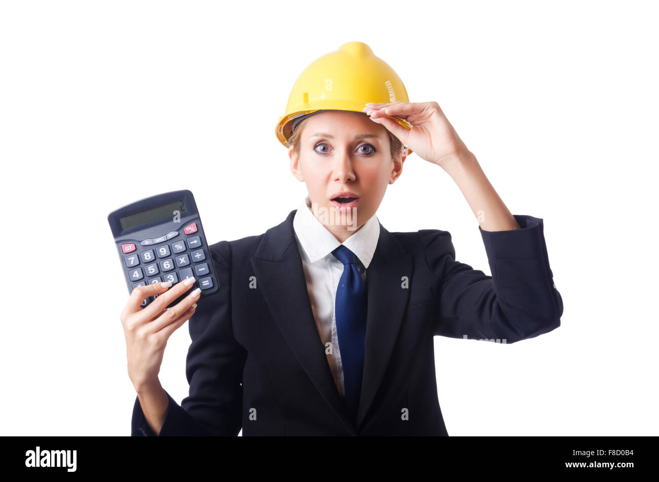 Female construction worker with calculator Stock Photo - Alamy