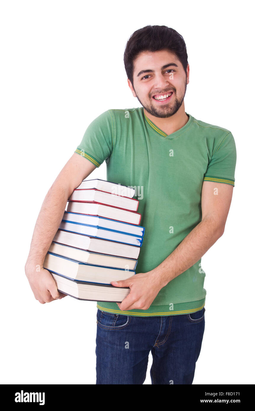 Student with lots of books on white Stock Photo - Alamy