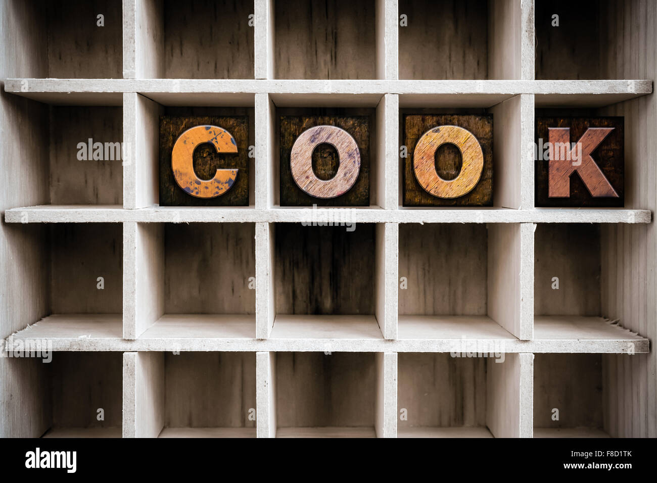 The word "COOK" written in vintage ink stained wooden letterpress type ...