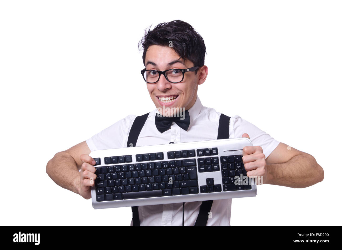Nerd hacker with computer keyboard on white Stock Photo - Alamy