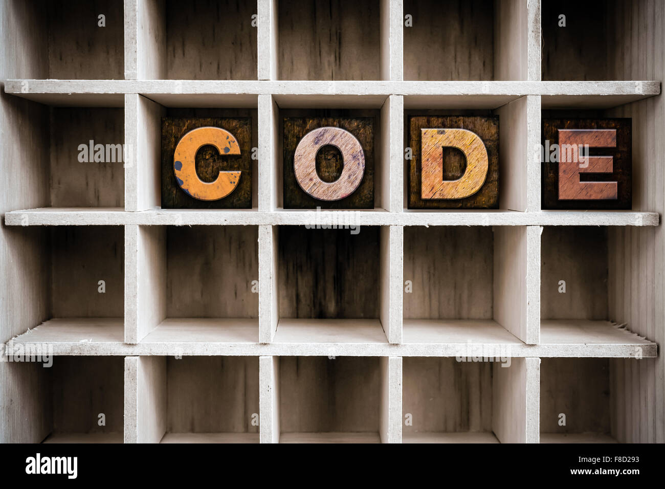 The word "CODE" written in vintage ink stained wooden letterpress type ...