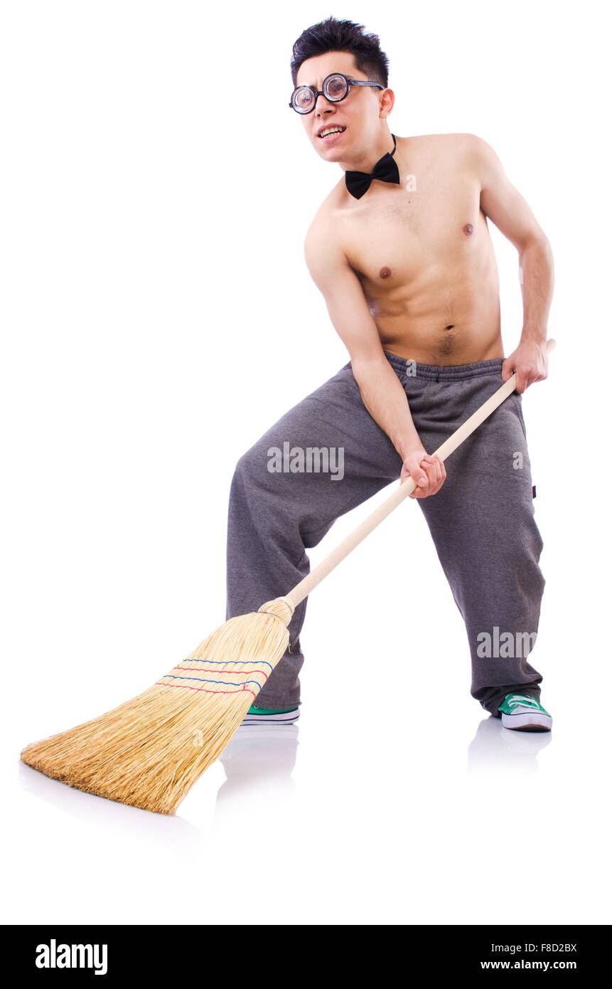Funny man with broom on white Stock Photo - Alamy