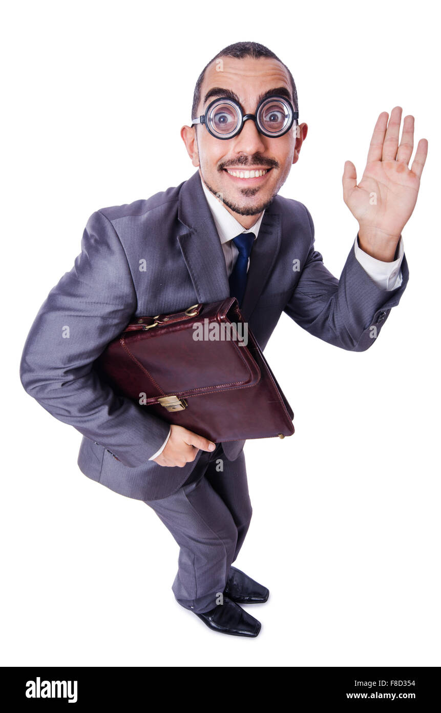 Funny nerd businessman isolated on white Stock Photo - Alamy