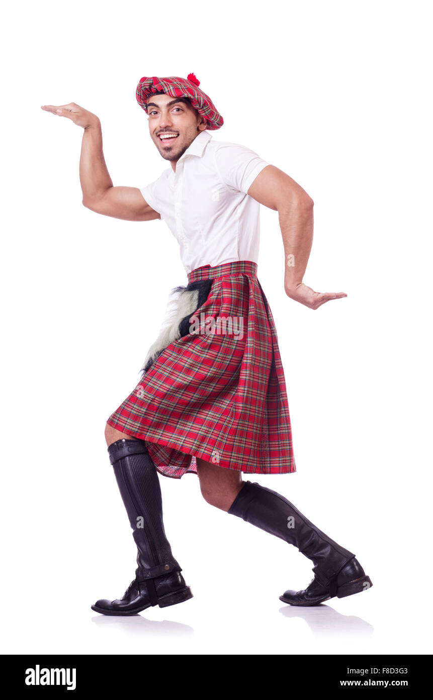 Scottish man dancing on white Stock Photo - Alamy