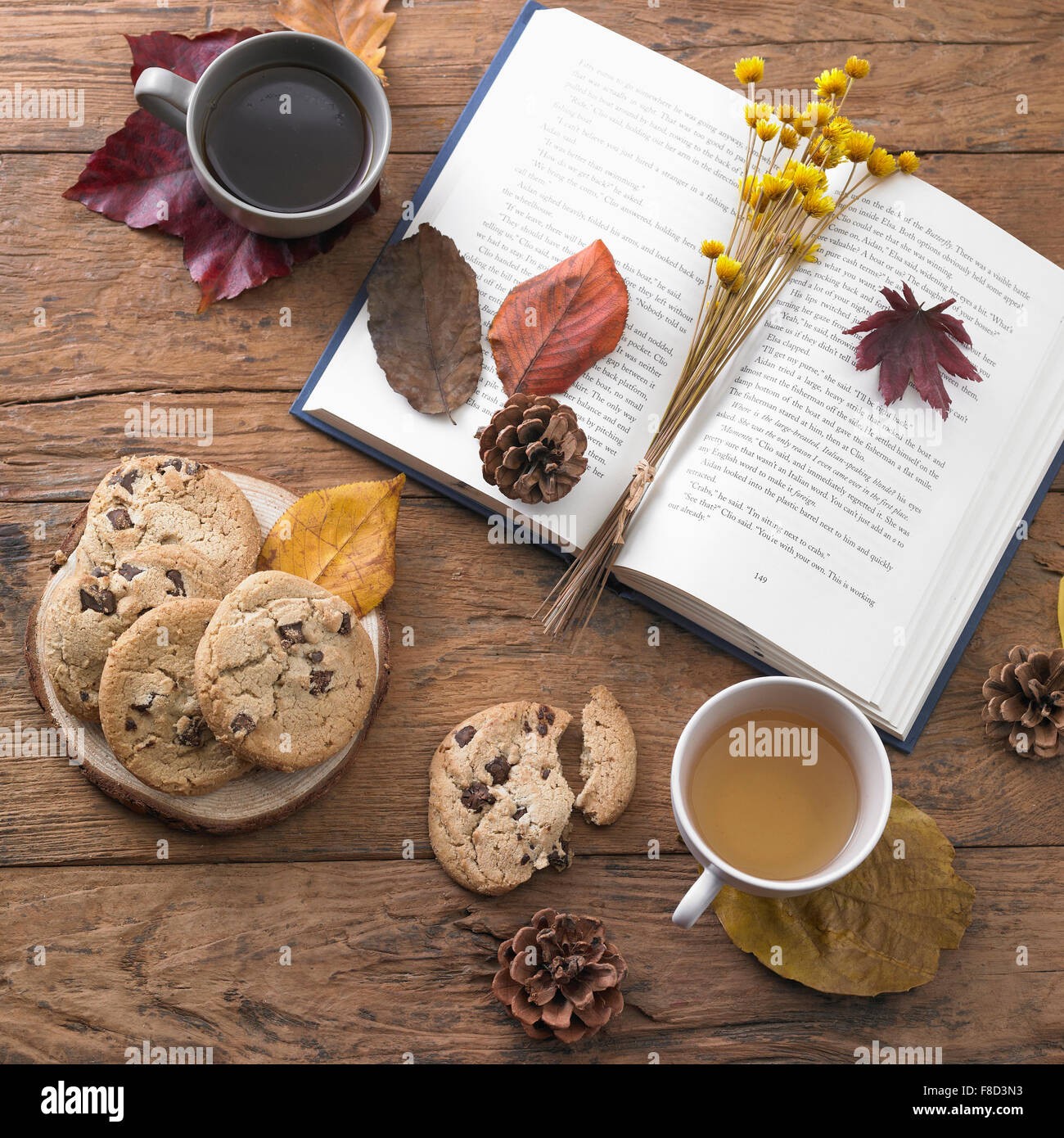 High angle of a book with dried flowers and fallen leaves decoration ...