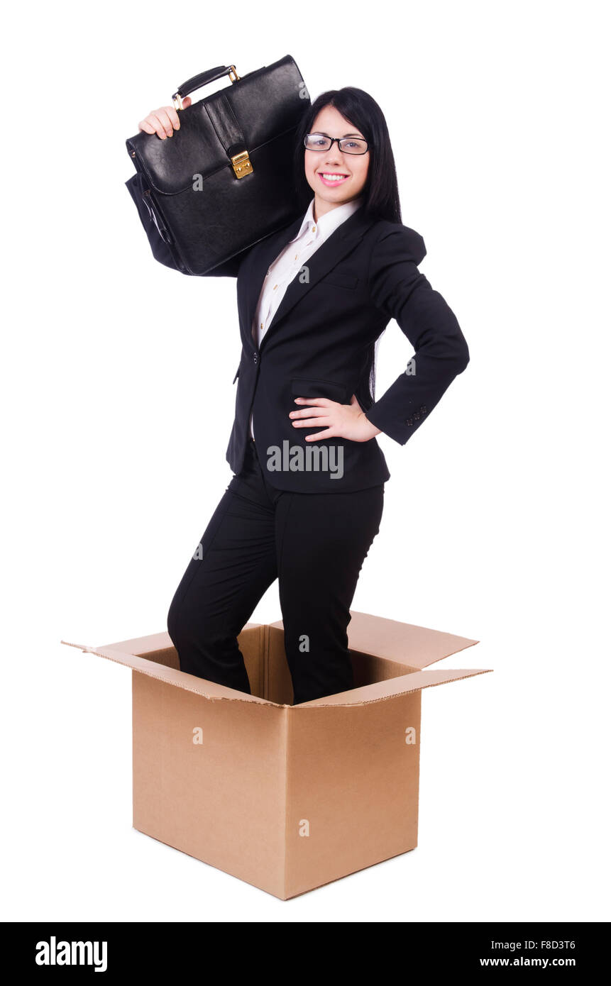 Businesswoman in thinking out of box concept Stock Photo - Alamy