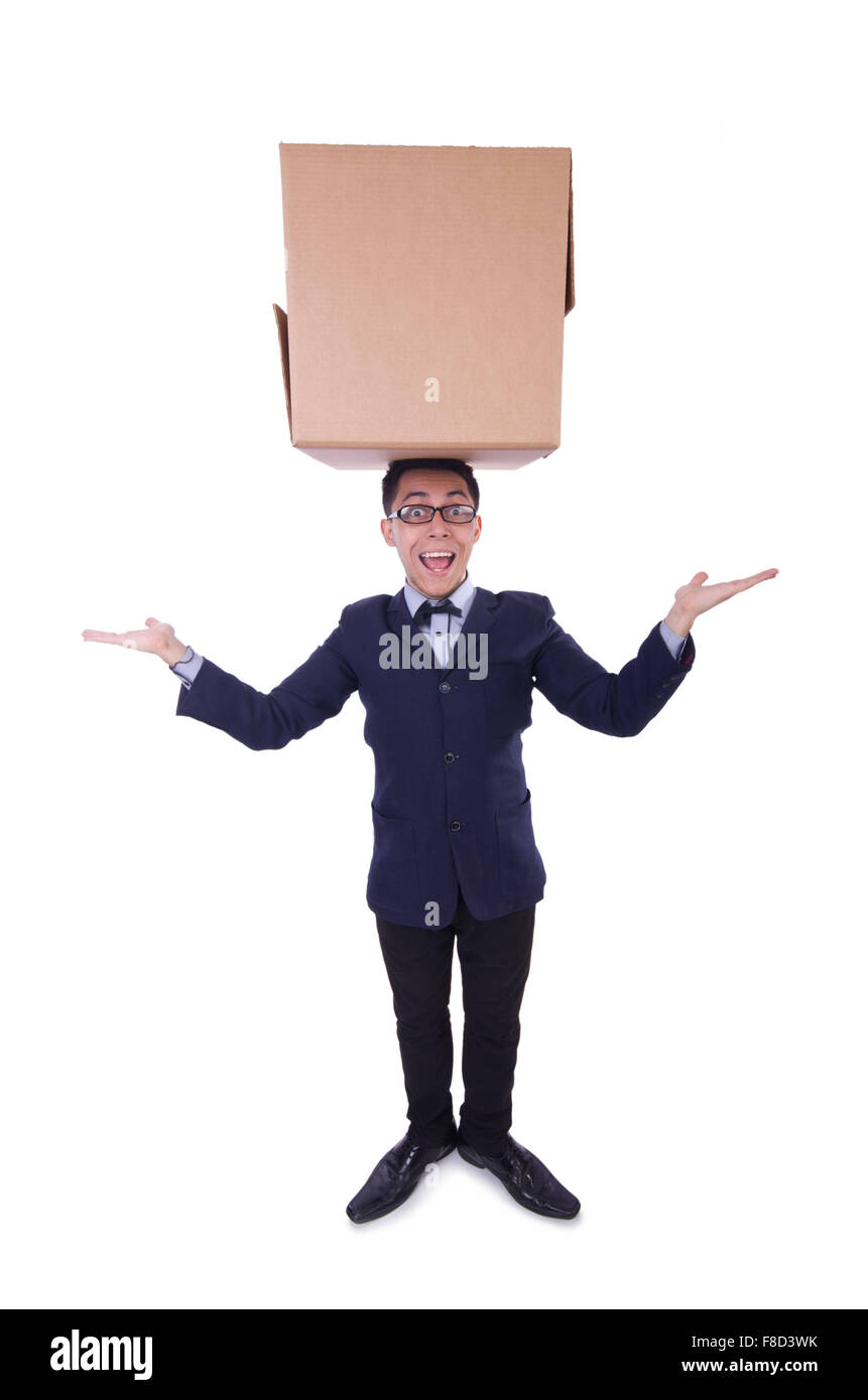 Funny man with box on white Stock Photo - Alamy