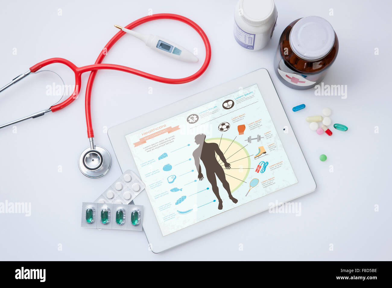 High angle of medical related objects such as stethoscope, thermometer ...