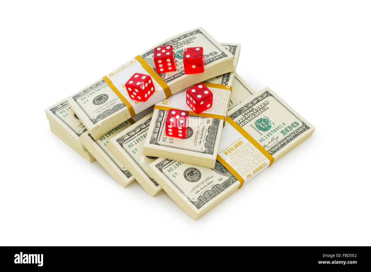 Red dice and dollars isolated on white Stock Photo - Alamy