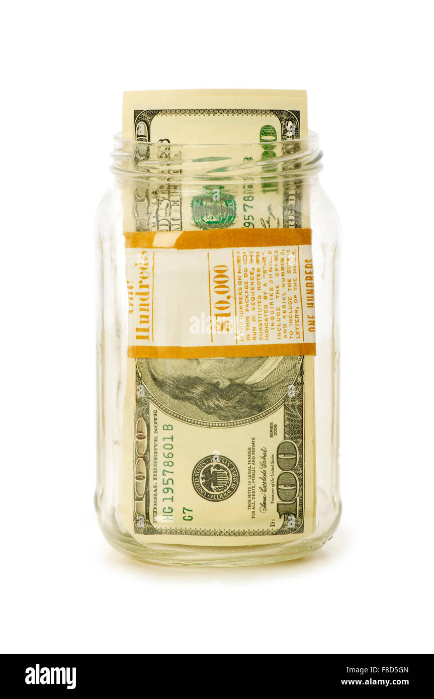 Dollars in glass jar isolated on white Stock Photo - Alamy