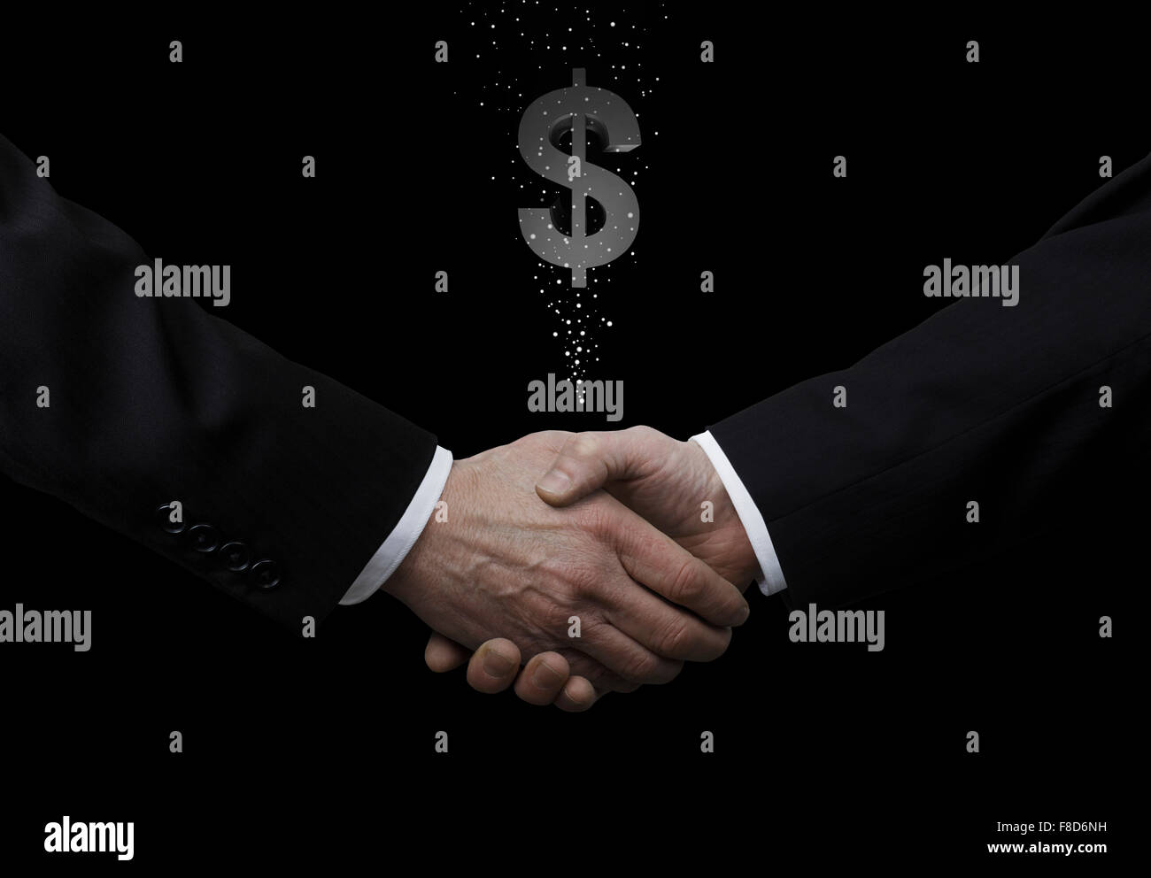 Studio shot of a businessmen Shaking Hands and a dollar sign floating ...