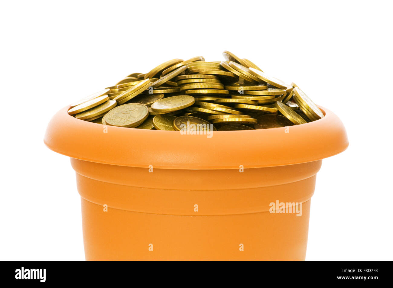 Many coins in the clay pot on white Stock Photo - Alamy