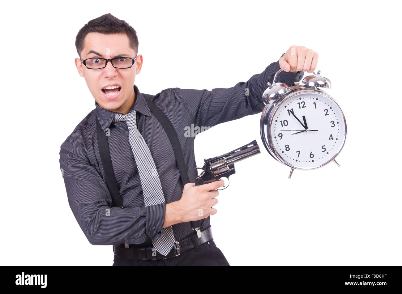 Funny businessman with clock and gun Stock Photo - Alamy