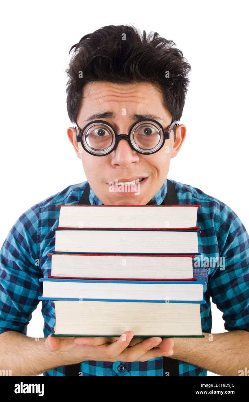 Funny student with stack of books Stock Photo - Alamy