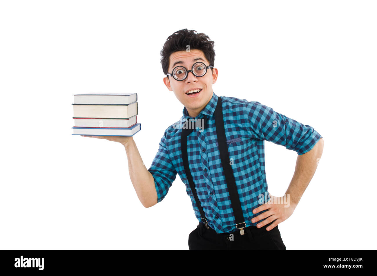 Funny student with stack of books Stock Photo - Alamy